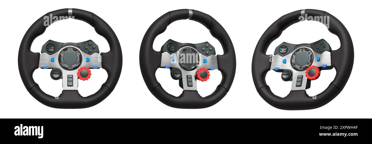 Set of racing game steering wheels isolated on white background with ...