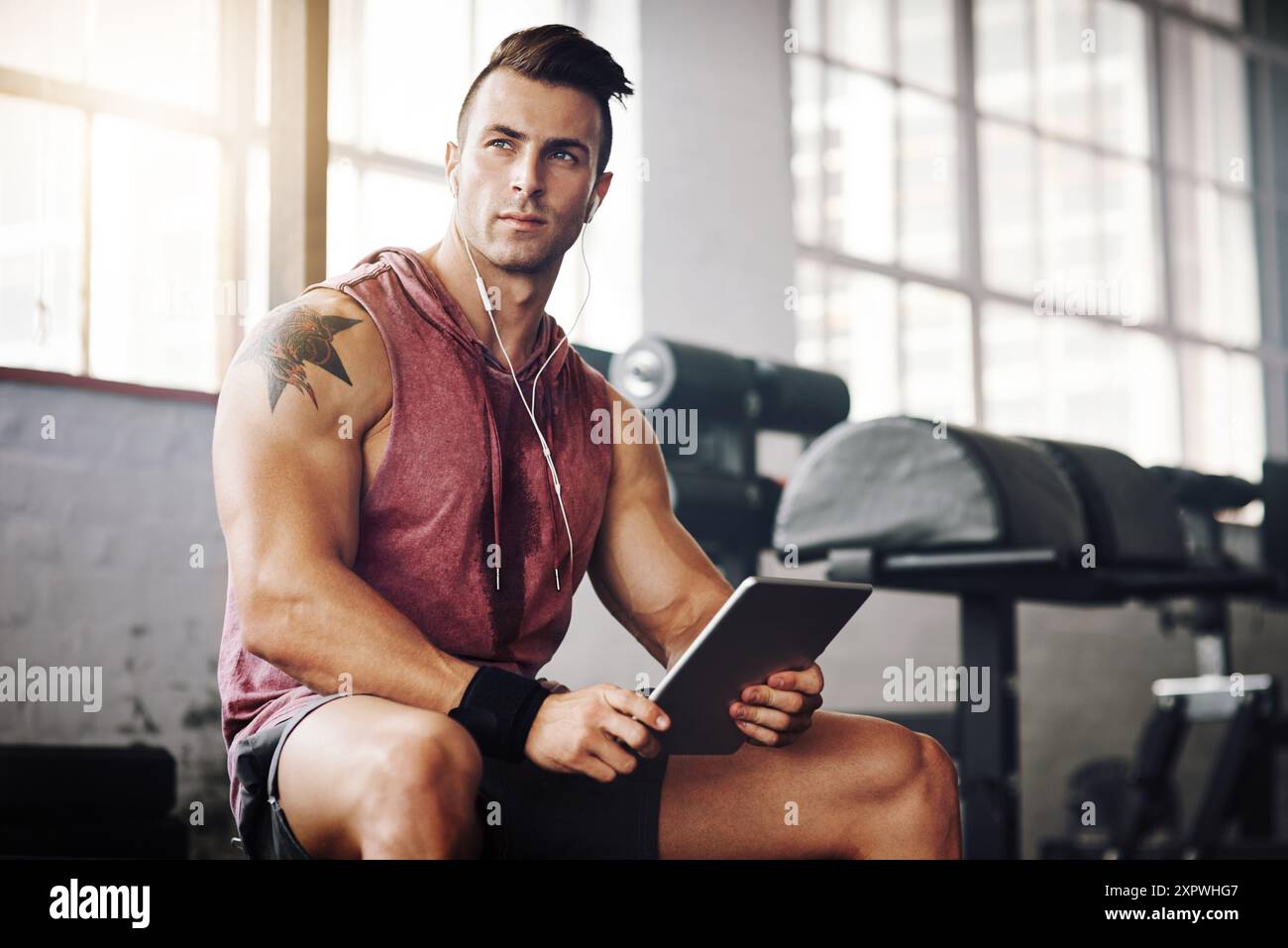 Fitness, man and tablet with music in gym for workout tracker, training ...