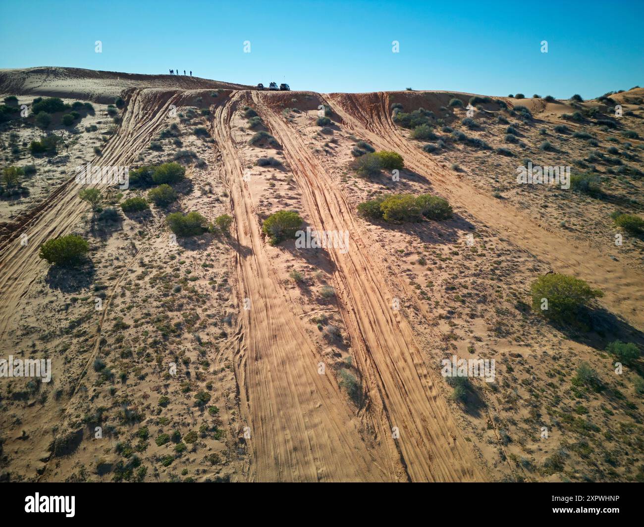 Four wheel drives on top of "Big Red" dune, QAA Line, Simpson Desert ...