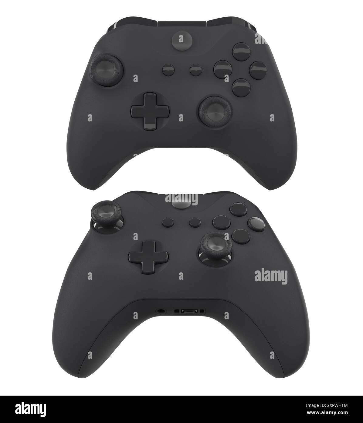 Collection of gaming controllers isolated on white background with ...