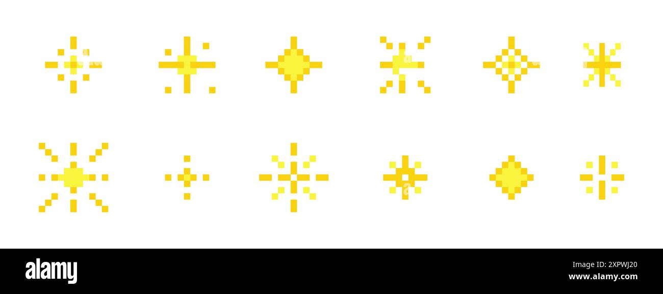 Pixel star retro 8 bit sparkle set. Shiny game pixel art effect set ...