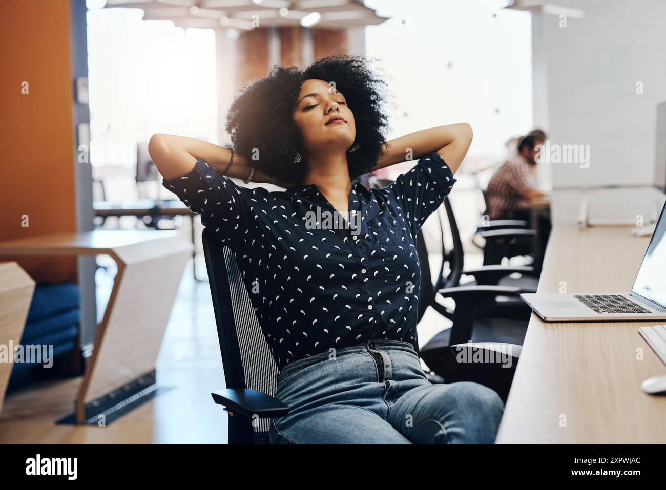Business woman, relax and break with completion for done, finished or ...
