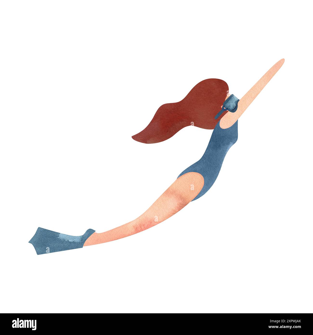 A woman swims underwater in fins and a mask. Watercolor isolated ...