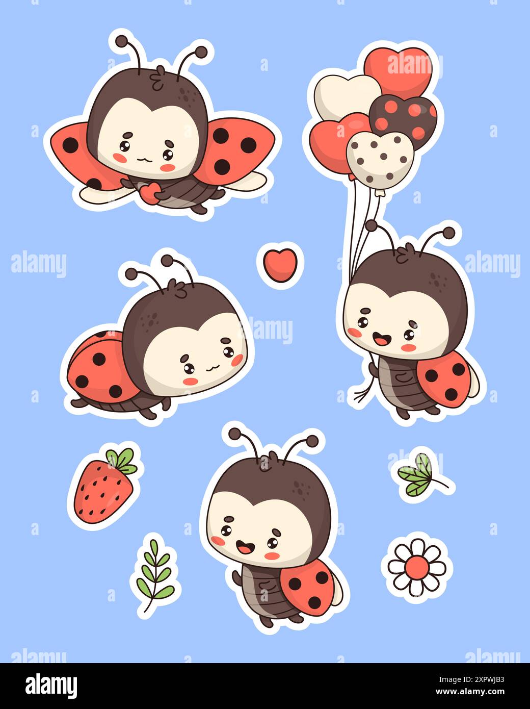 Cute Ladybug sticker. Funny cartoon insect character with balloons and ...