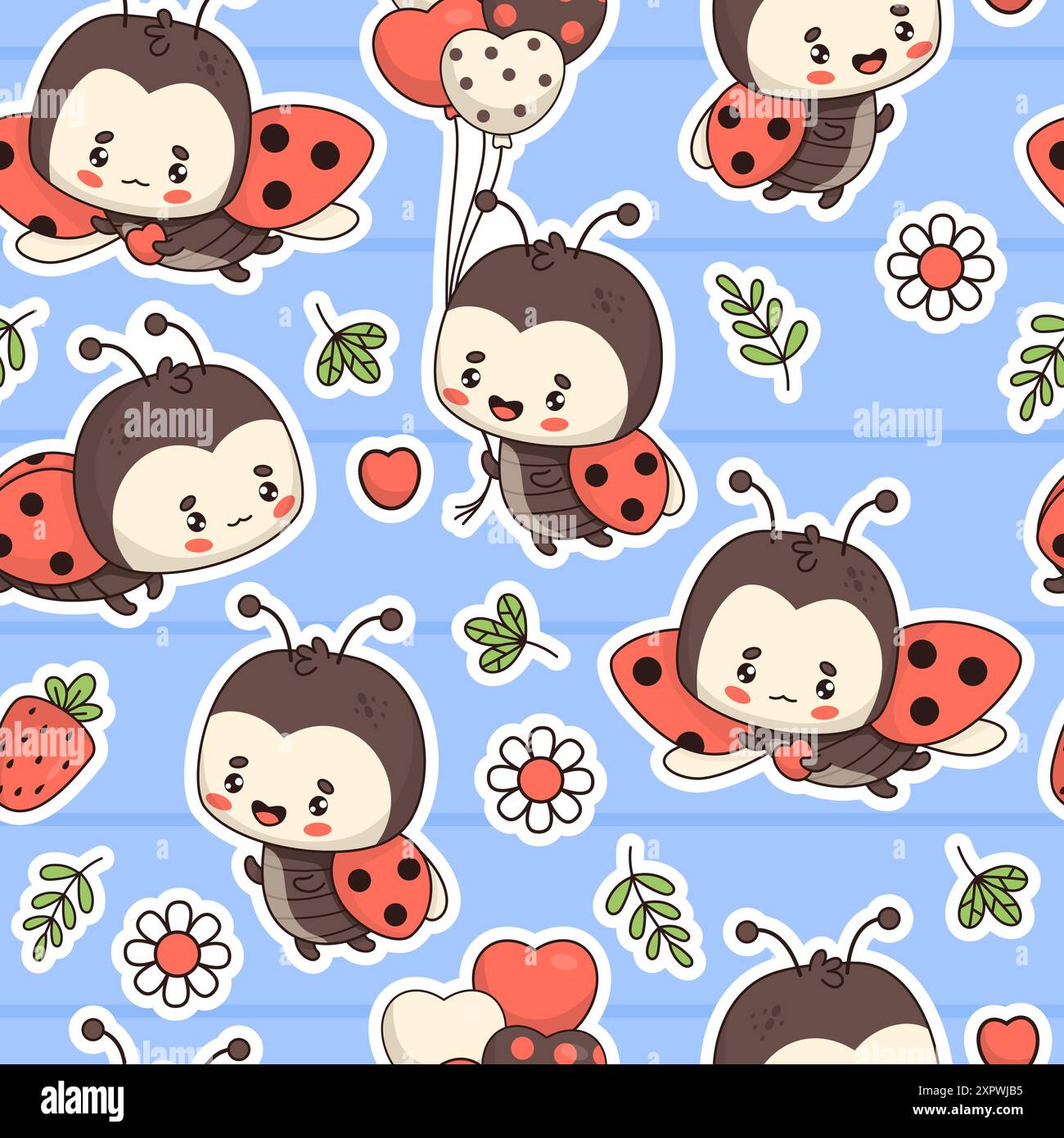 Seamless pattern with cute Ladybug stickers with balloons on blue ...
