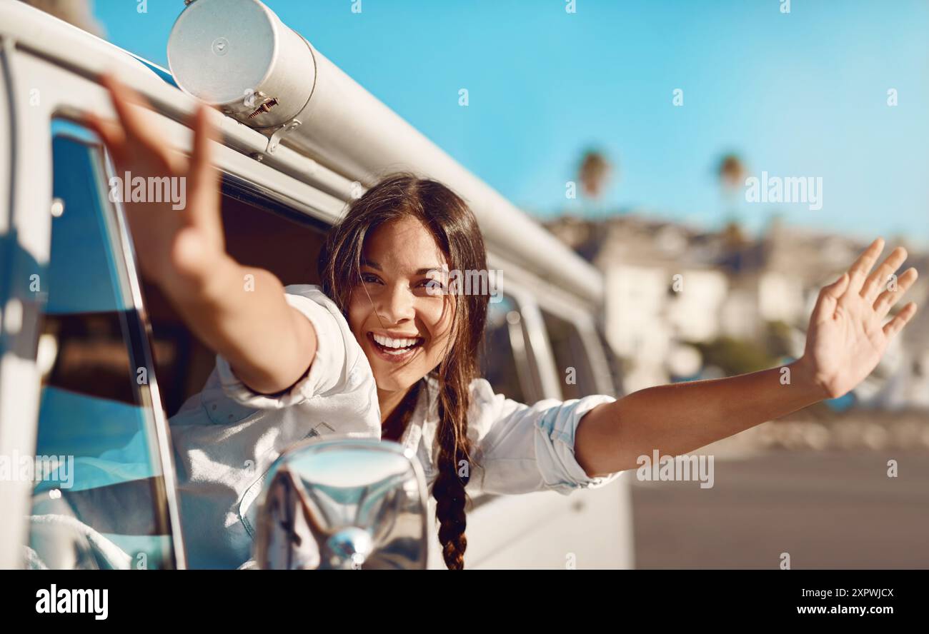 Freedom, portrait and woman in minivan window for drive, travel and ...
