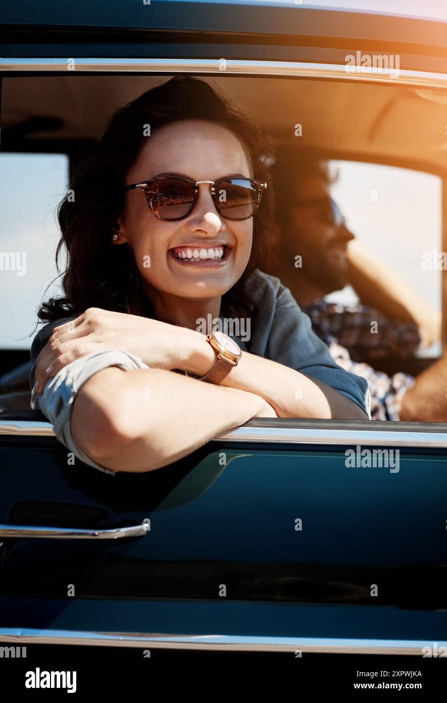 Couple, road trip and smile with car, portrait and happy for vacation ...
