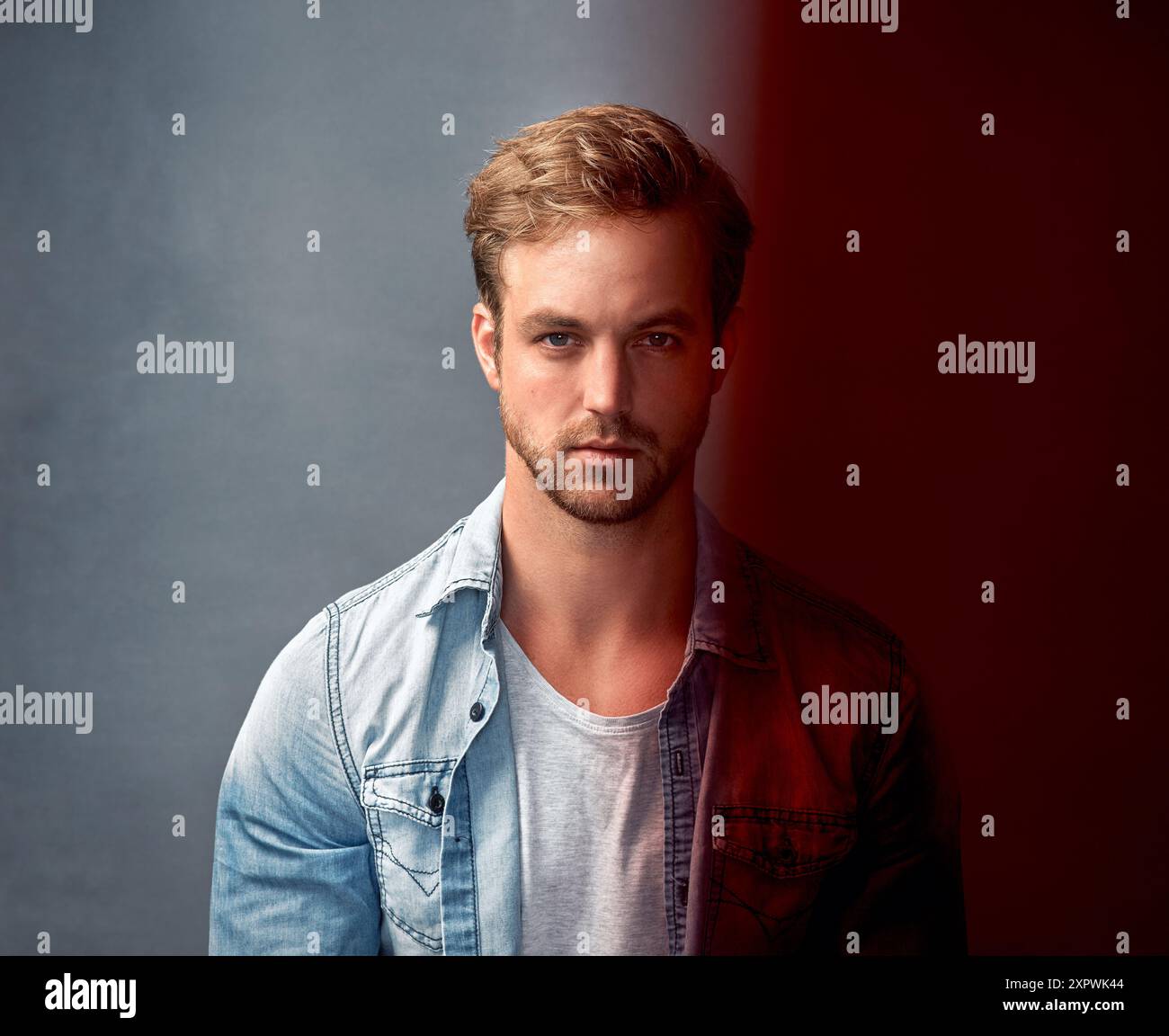 Mental health, portrait and man in studio with shadow, split ...