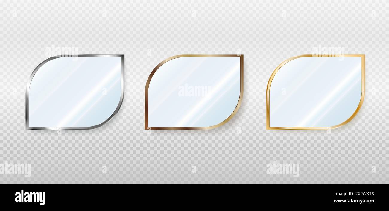 A set of teardrop shaped mirrors in silver, bronze and gold frames. 3d ...