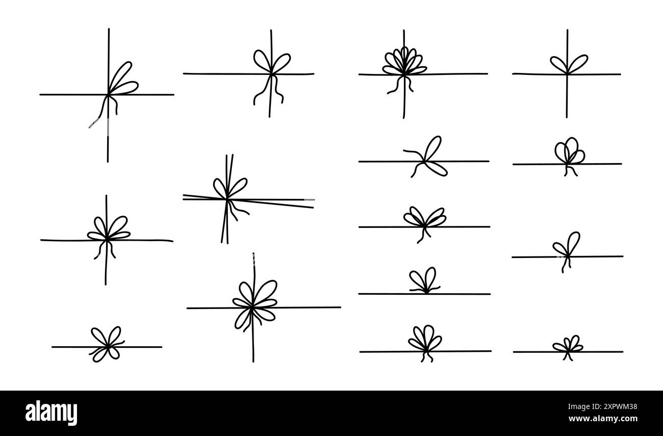 Bow gift ribbon line simple element set. Hand drawn doodle stroke ...