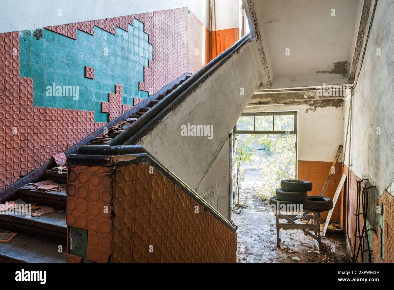 Abandoned Messy Staircase With Broken Red Clay Wall Tiles In Old ...