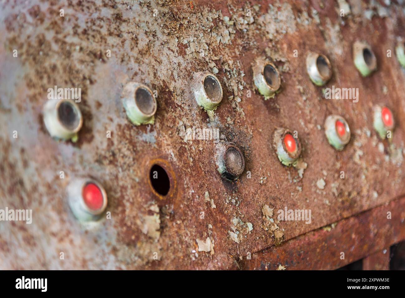 Old Abandoned Rusty Metal Control Panel Close-up With Broken Red ...