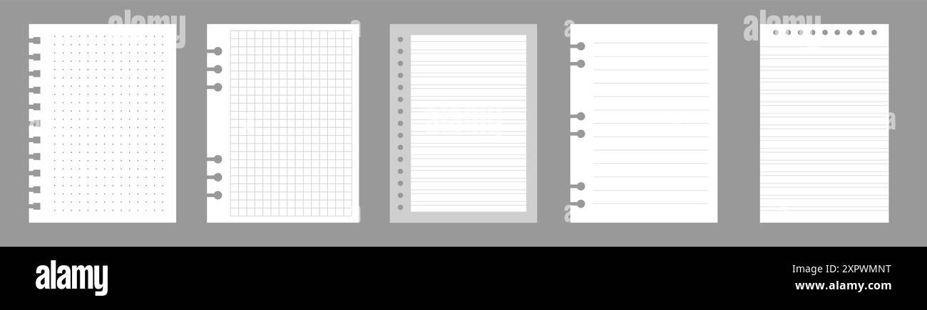 Set of notebook sheets isolated on gray background. Realistic white blanks of checkered, lined ...