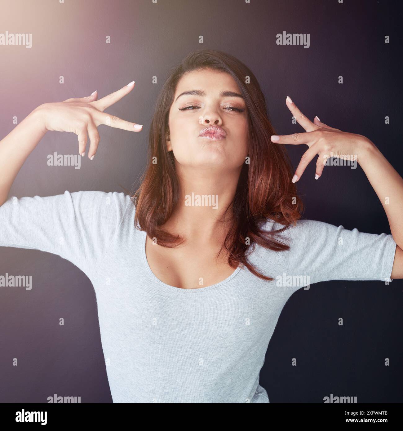 Studio, kiss lips and woman with peace sign, cool emoji and hand ...
