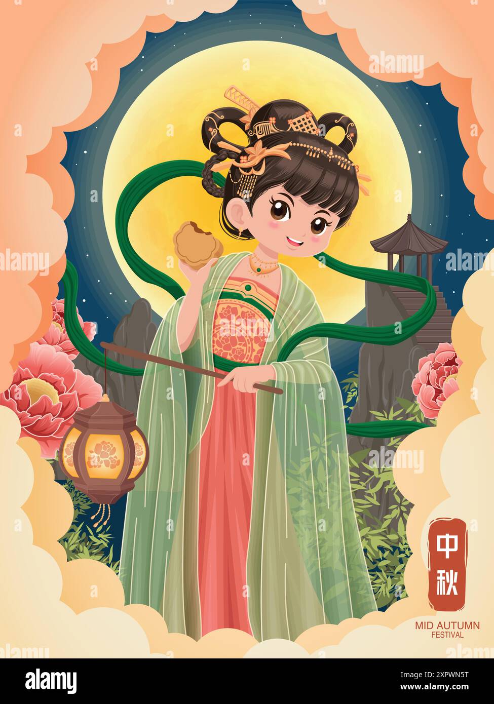 Vintage Mid Autumn Festival poster design with rabbit moon cake lantern ...