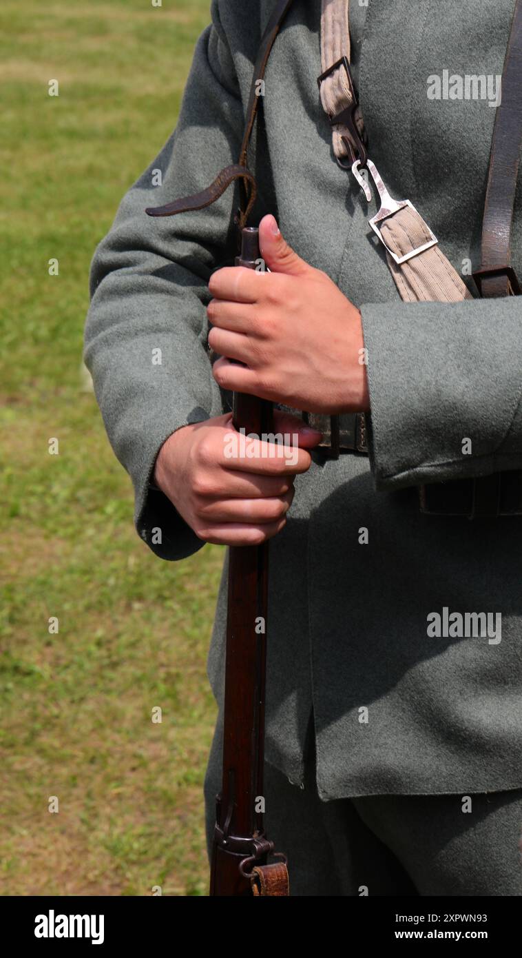 Italian soldier in the historical uniform of World War I stands guard ...