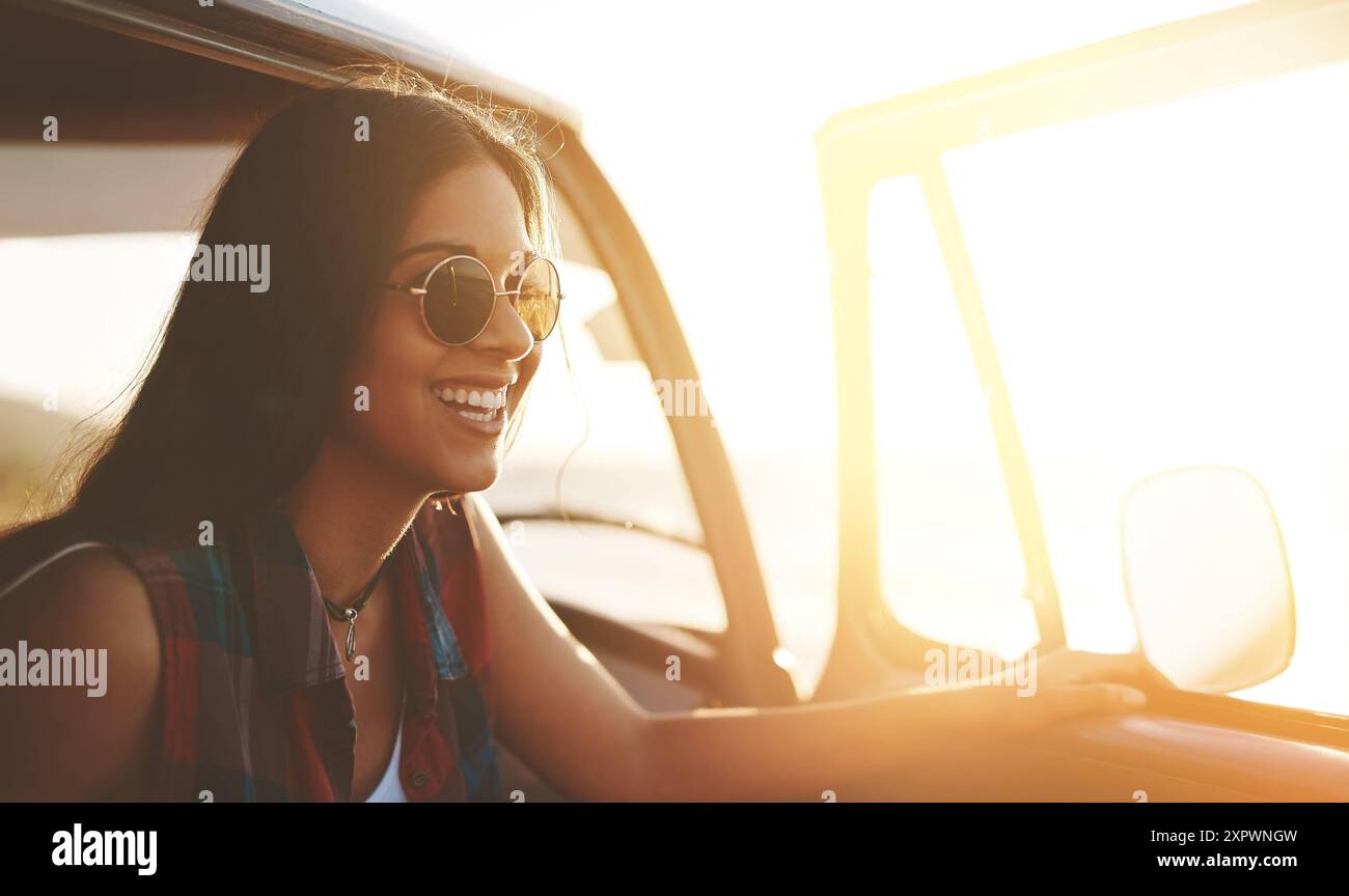 Travel, smile and woman with sunglasses by car door for outdoor summer ...