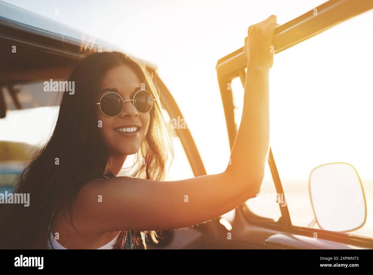 Road trip, break and woman with smile in portrait for outdoor summer ...