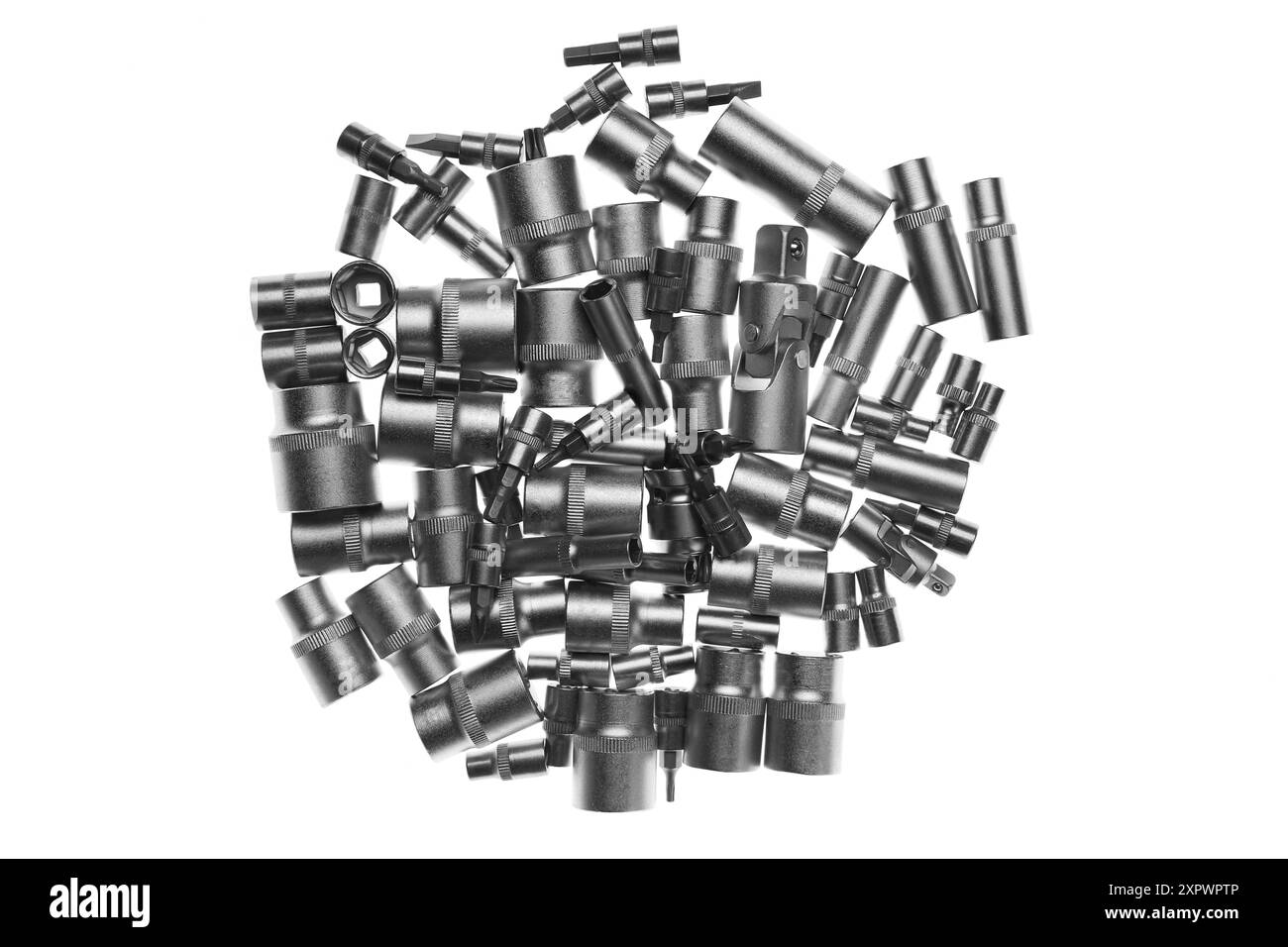 Pile of spark plug sockets on white background, top view. Auto mechanic ...