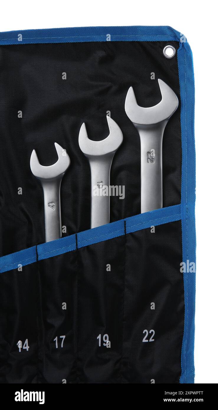 Set of ratcheting wrenches isolated on white, top view. Auto mechanic ...