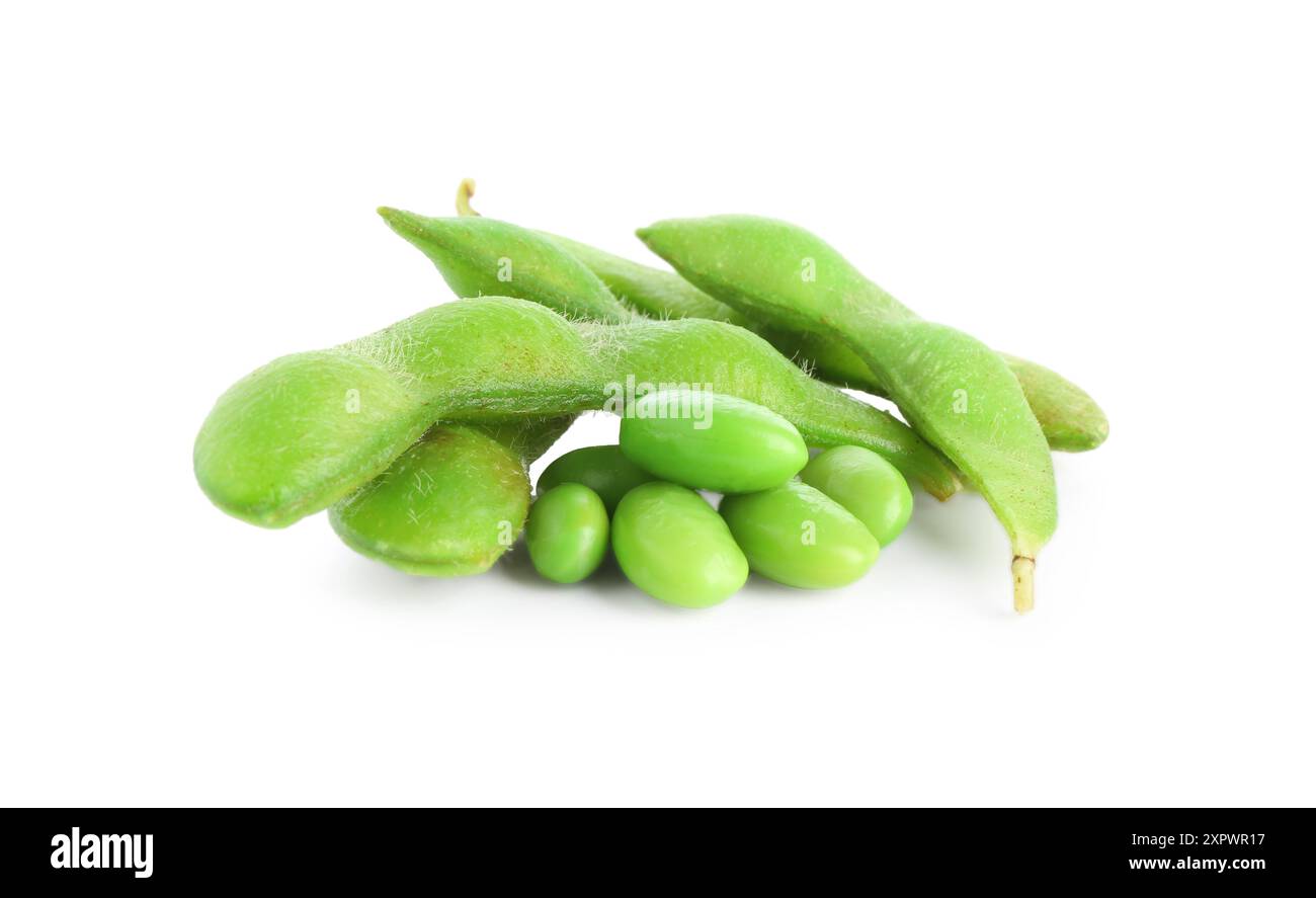 Raw green edamame soybeans and pods isolated on white Stock Photo - Alamy