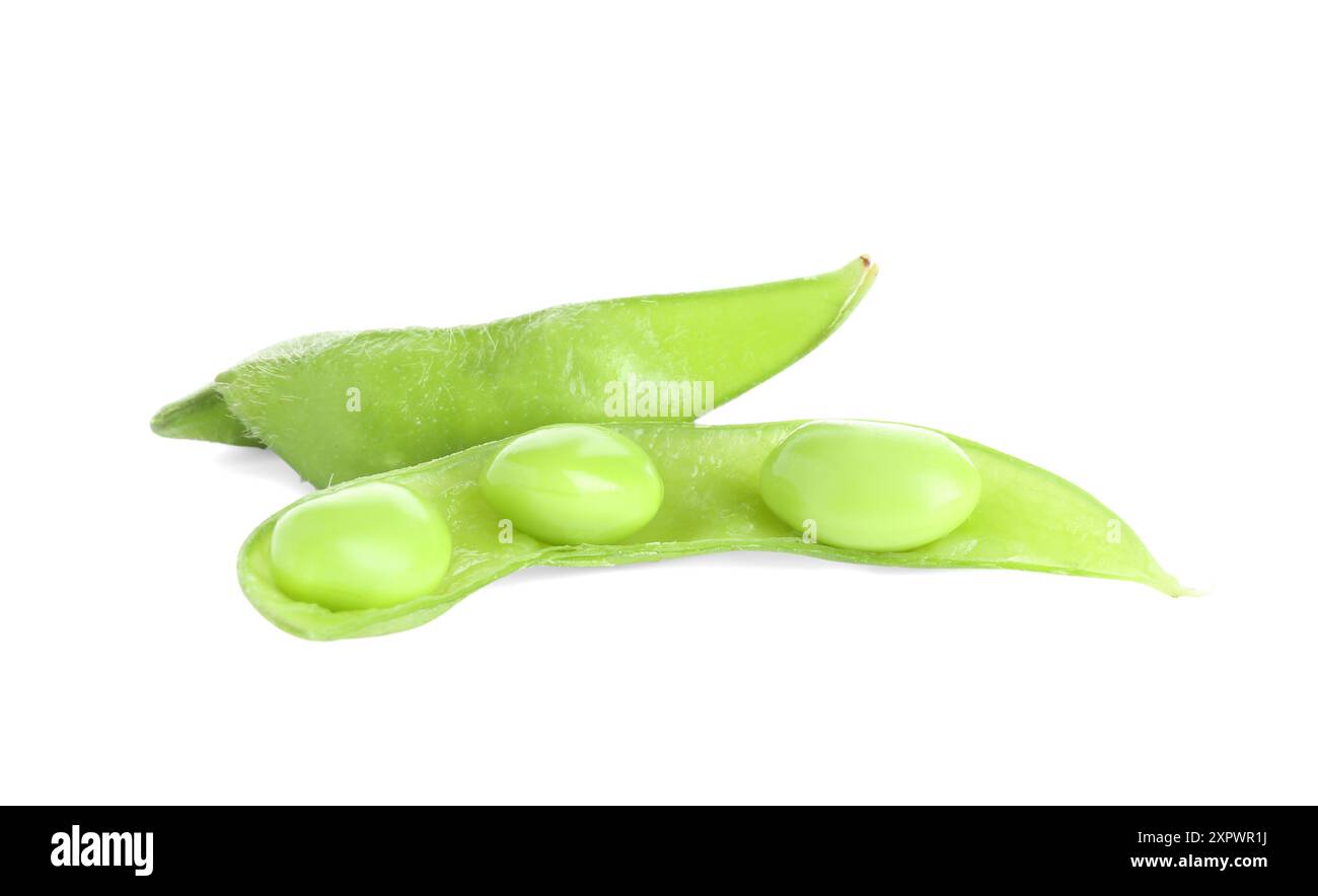 Raw green edamame pods with soybeans isolated on white Stock Photo - Alamy