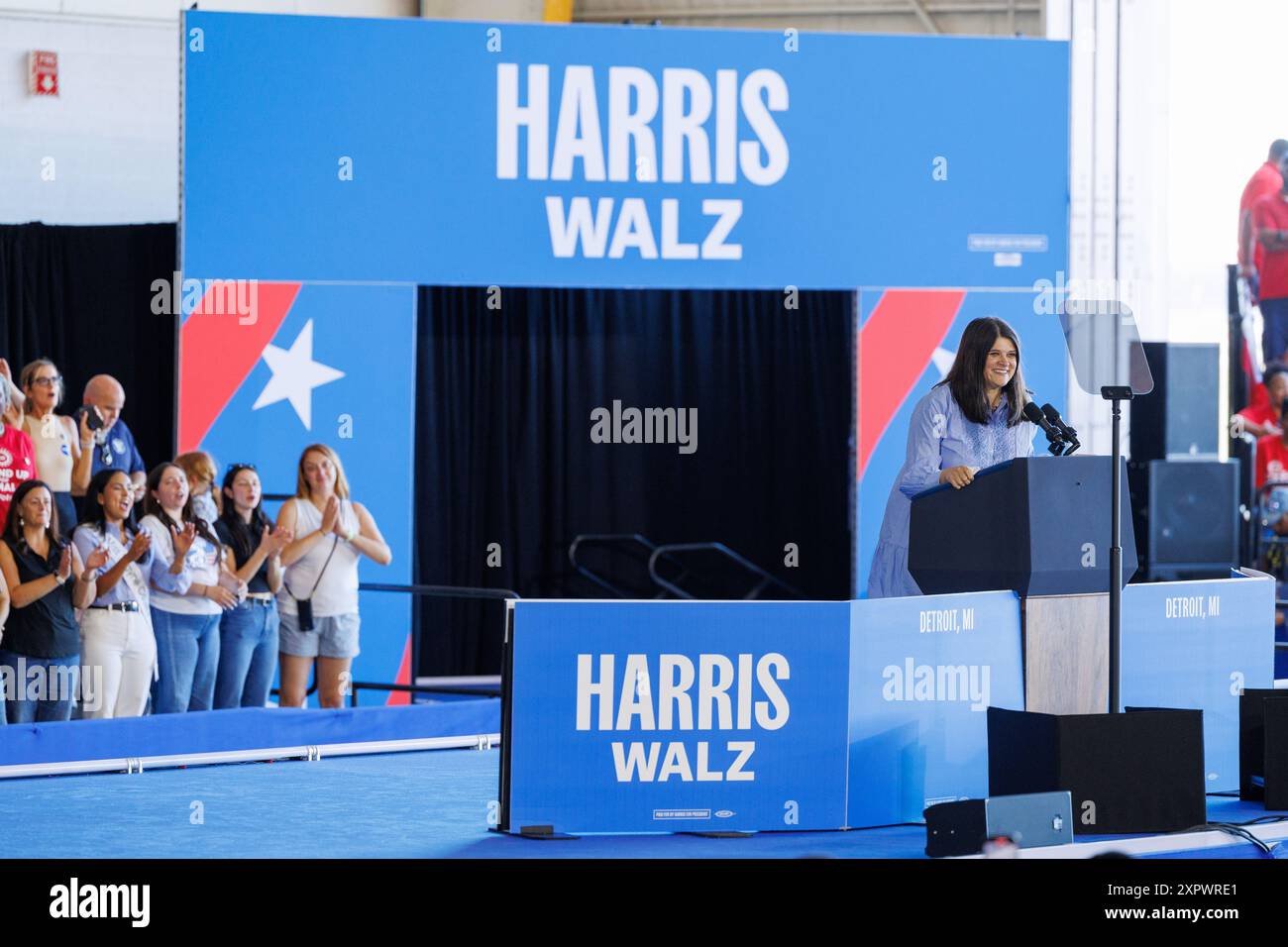 Romulus, USA. 07th Aug, 2024. U.S. Rep. Haley Stevens speaks at a rally ...