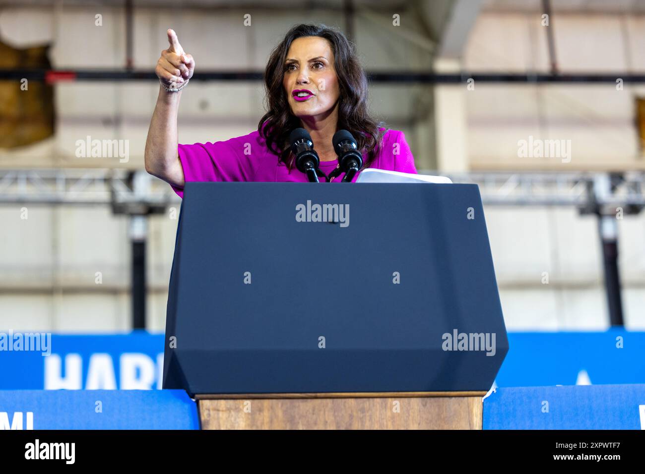 Romulus, USA. 07th Aug, 2024. Michigan Gov. Gretchen Whitmer speaks at ...