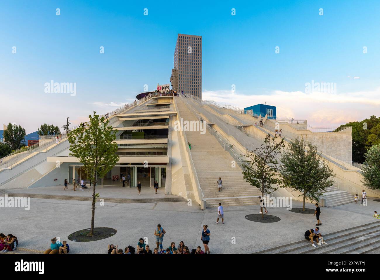 The Pyramid of Tirana at blue hour, locally called the "Enver Hoxha ...