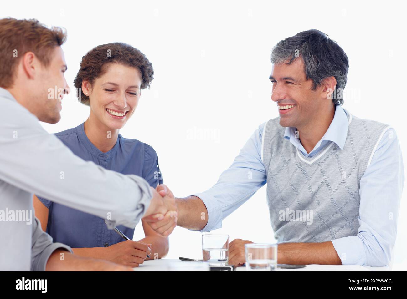 Business, men and handshake of meeting in office for partnership ...