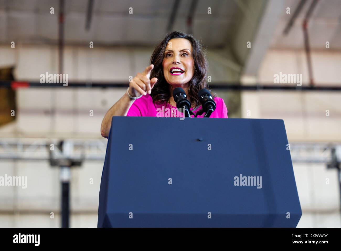 Romulus, USA. 07th Aug, 2024. Michigan Gov. Gretchen Whitmer speaks at ...