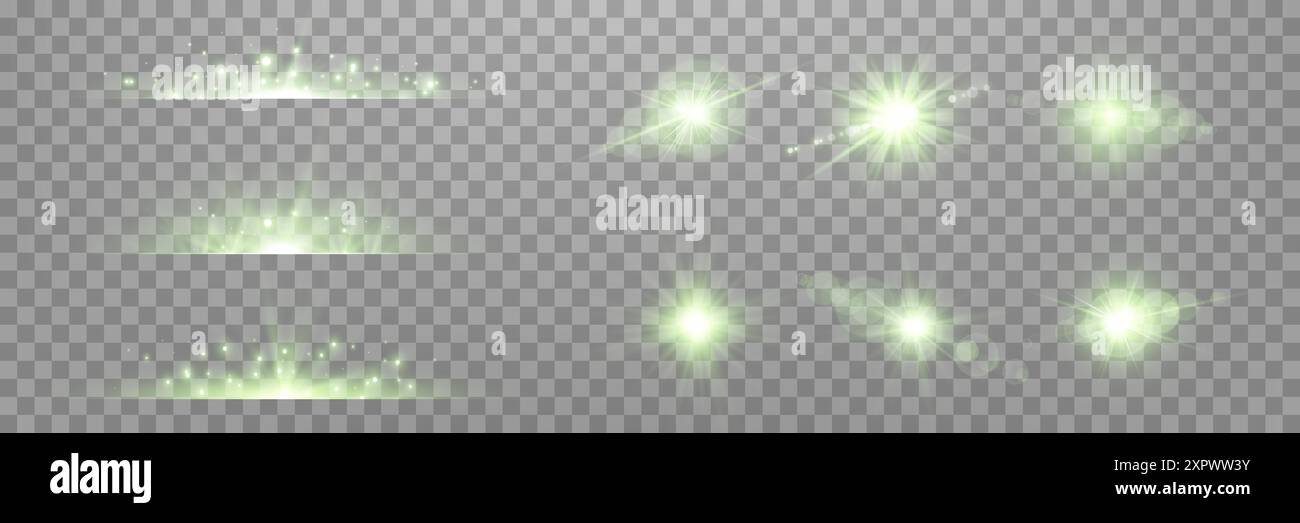 Green lens flares set. Isolated on transparent background. Sun flash ...