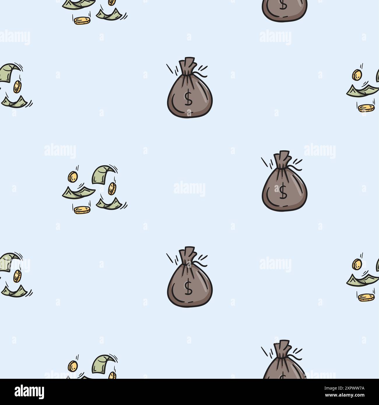 Seamless pattern with icons of bag of wealth and flying money, bills ...