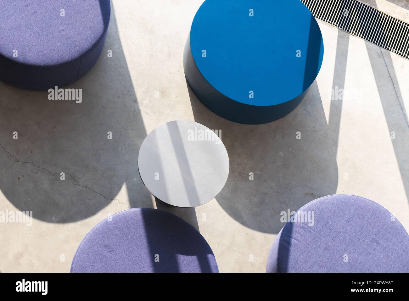 Contemporary hall room interior design with round tables and seats, top ...