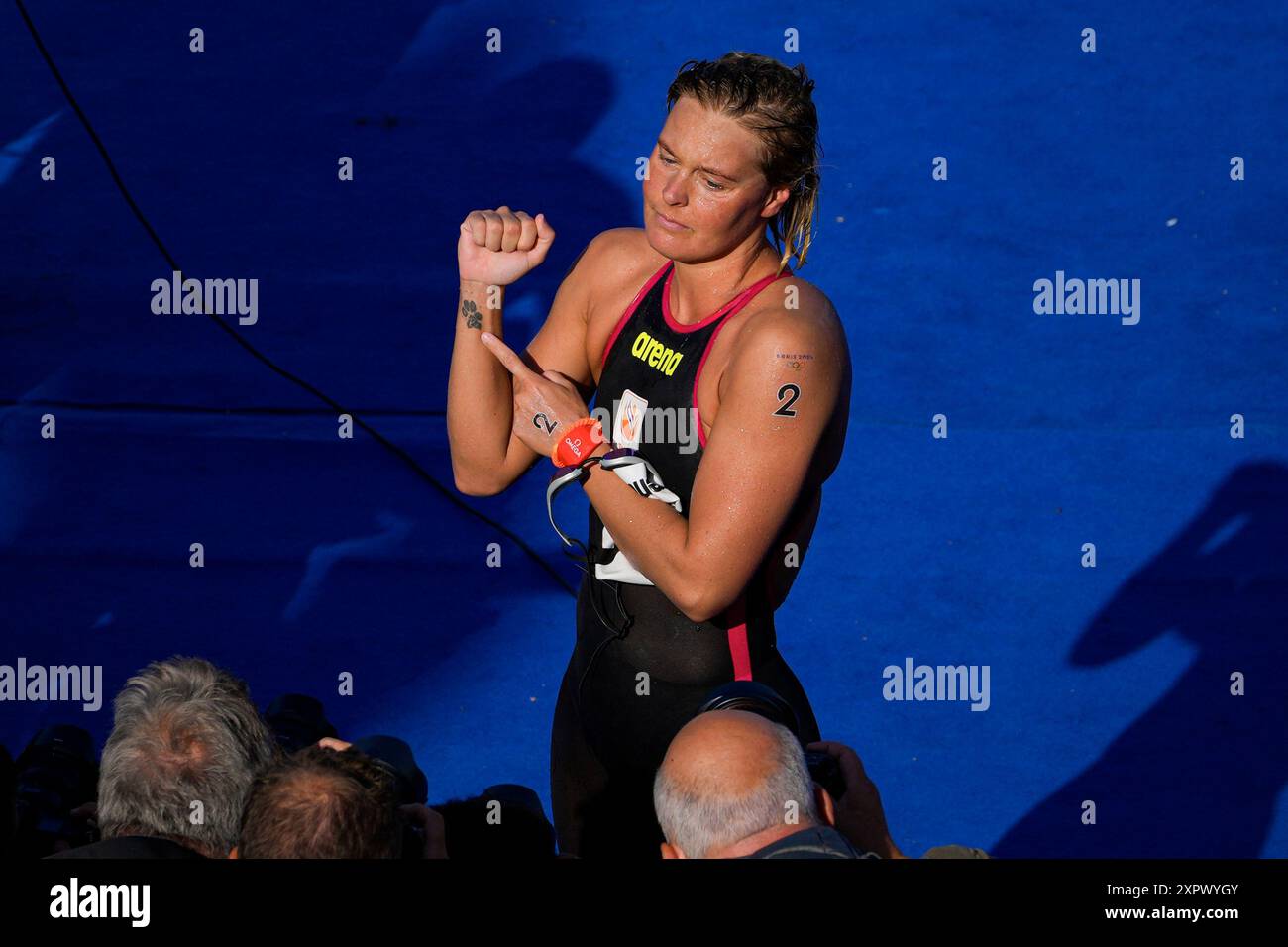 Gold medal winner Sharon Van Rouwendaal, of the Netherlands, shows off ...
