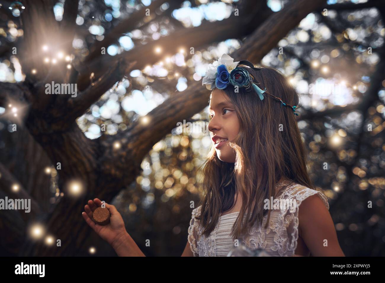 Firefly, nature and girl child with smile, forest and outdoor fairy ...