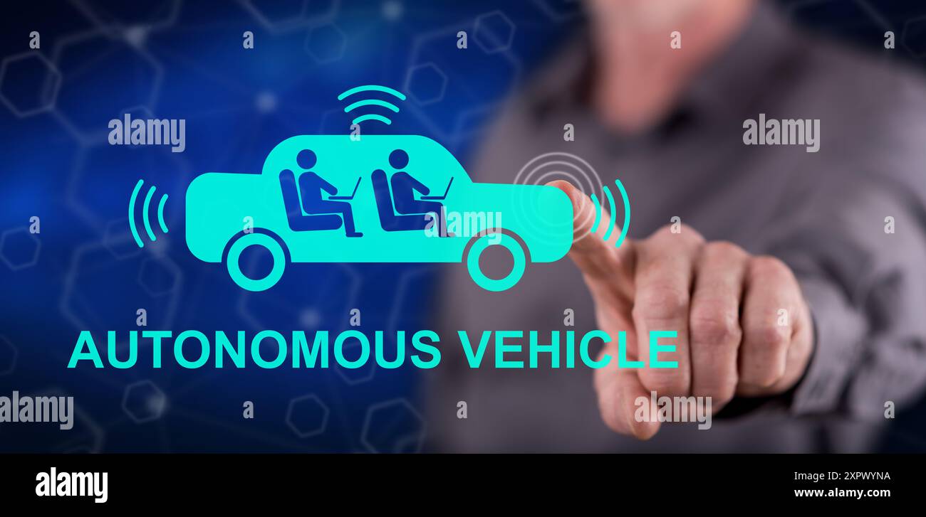 Man Touching An Autonomous Vehicle Concept On A Touch Screen With His