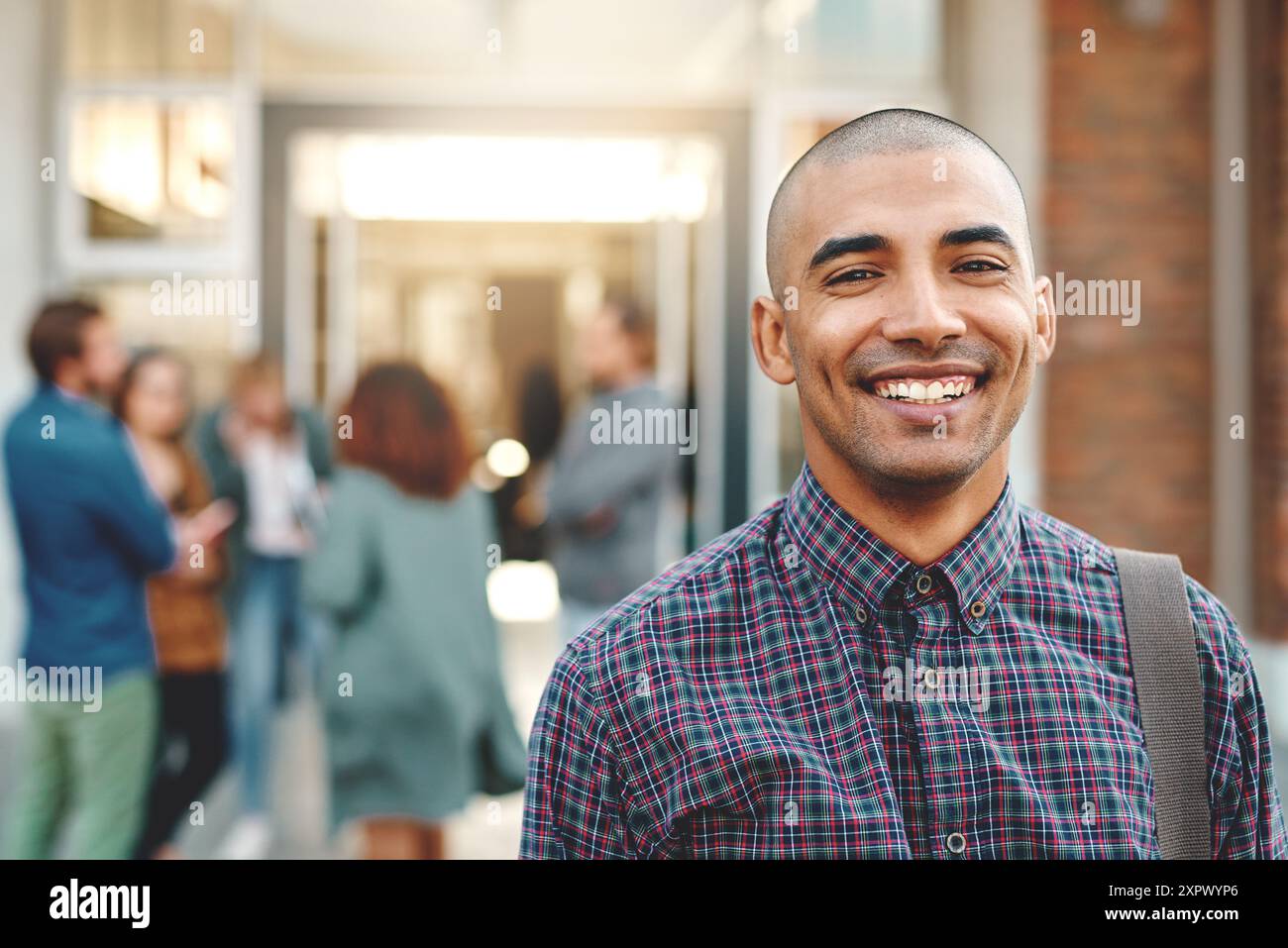Portrait, happy man or proud college student on outdoor campus in ...