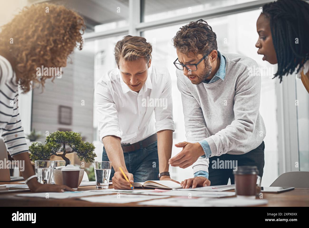 Brainstorming, group and planning with notes in office, creative and ...