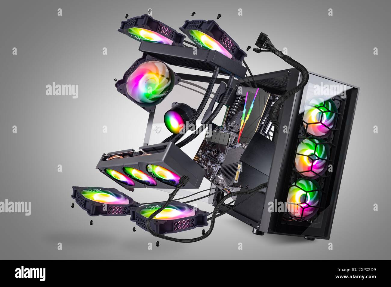 Black modern high end gaming computer with glass windows and bright ...