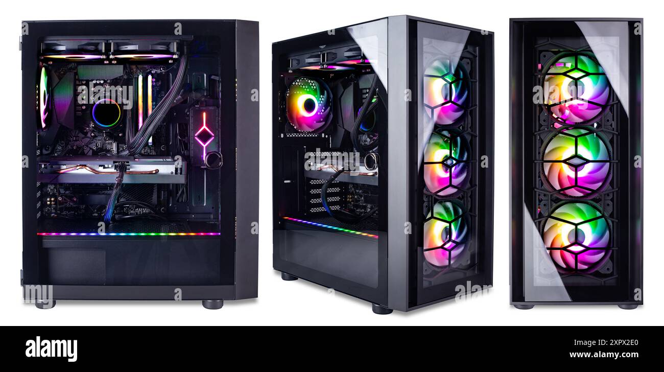 Set collection of black modern high end gaming computer with glass ...