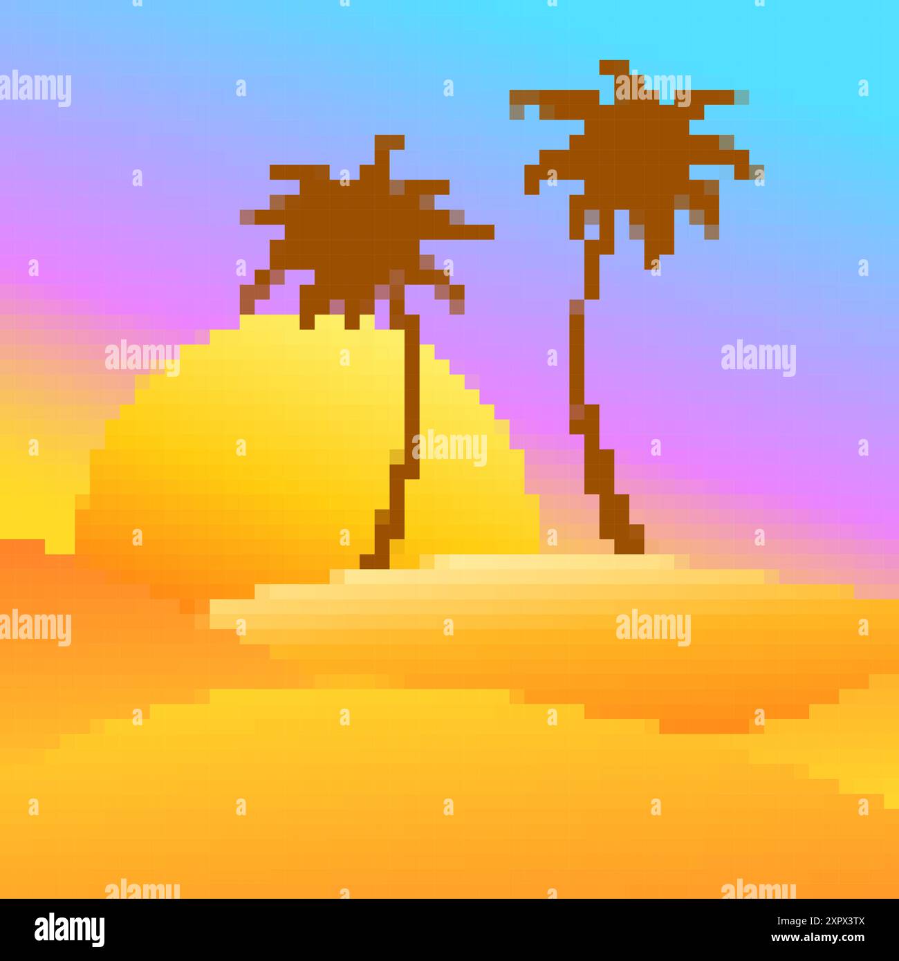 Pixel desert landscape with palm trees and sand dunes. Landscape with ...