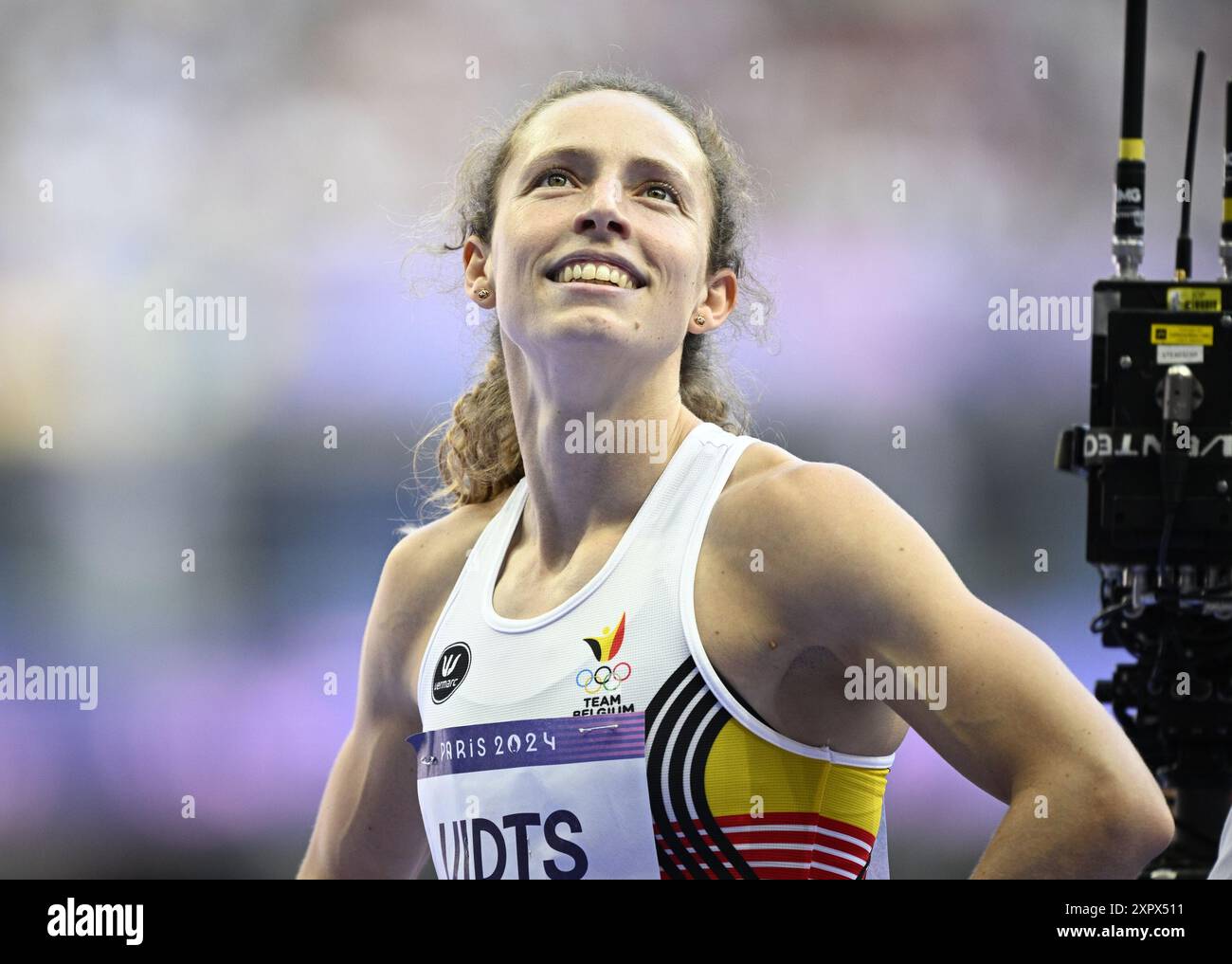 Paris, France. 08th Aug, 2024. Belgian athlete Noor Vidts reacts after a new personal record of ...