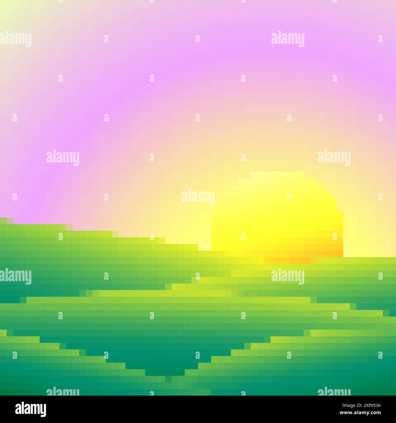 Green meadows at dawn in pixel art style. Rising sun on green fields in ...