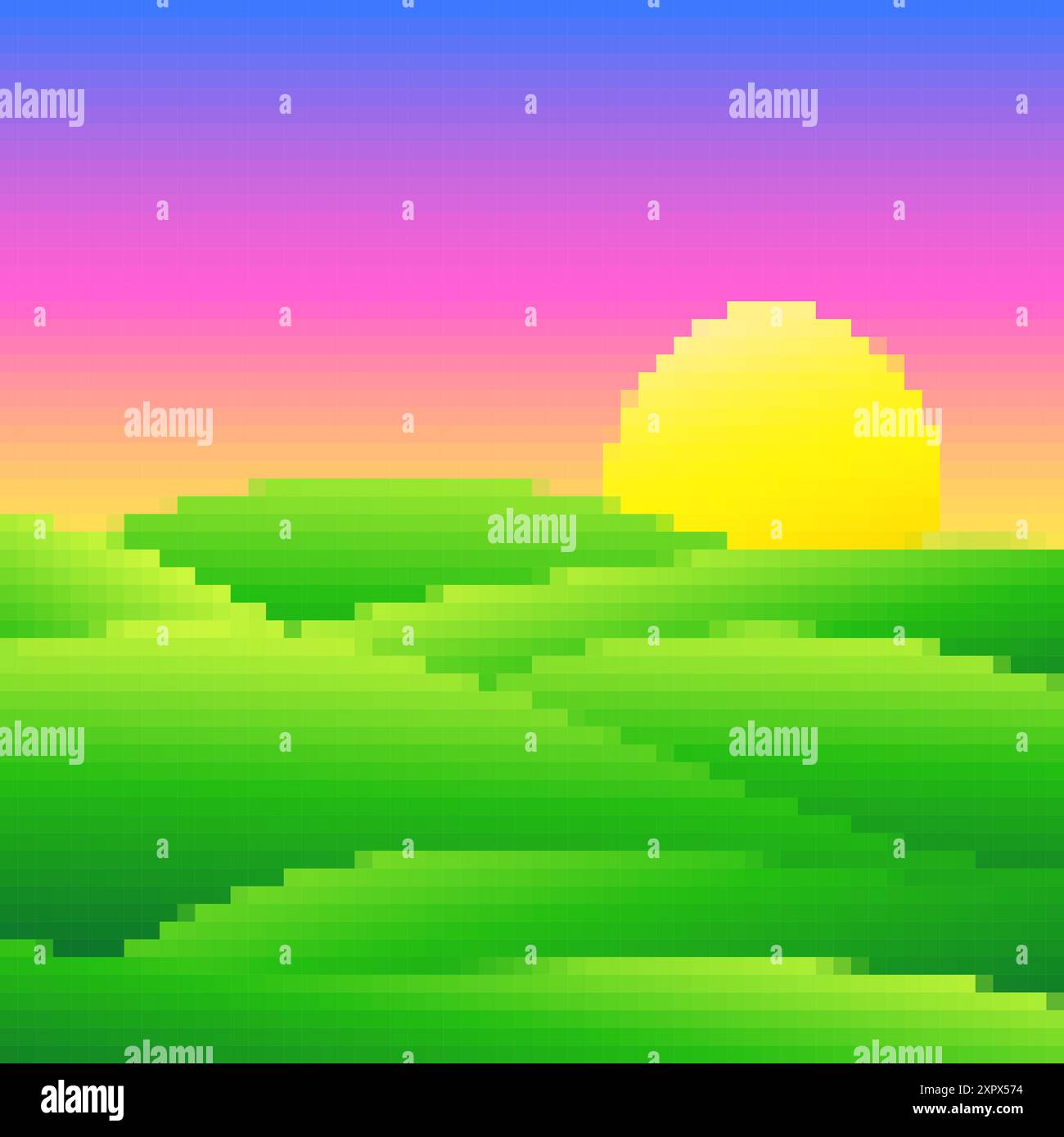 Green meadows at dawn in pixel art style. Rising sun on green fields in ...