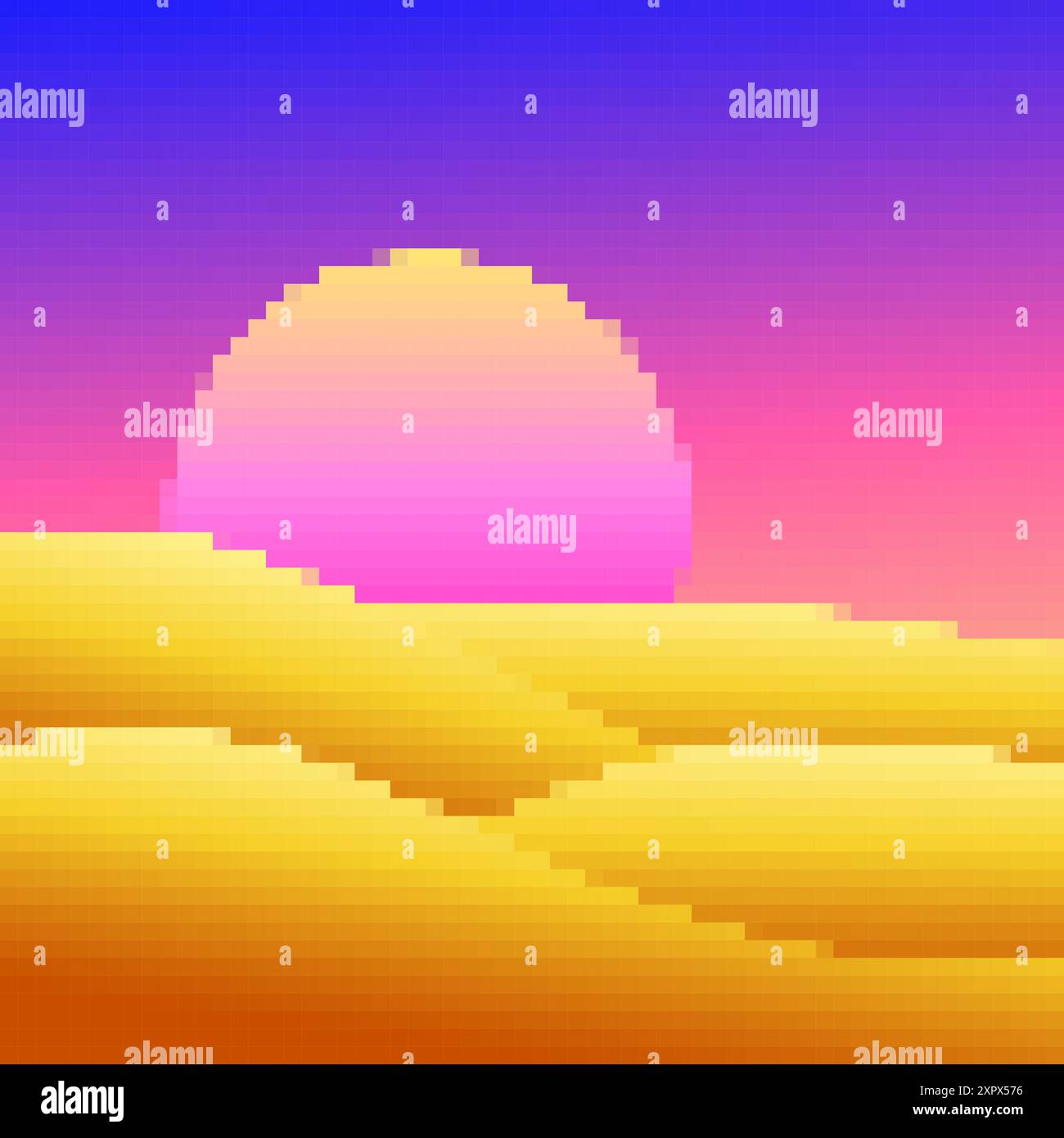 Desert landscape in pixel art style. Sun over sand dunes in the style ...