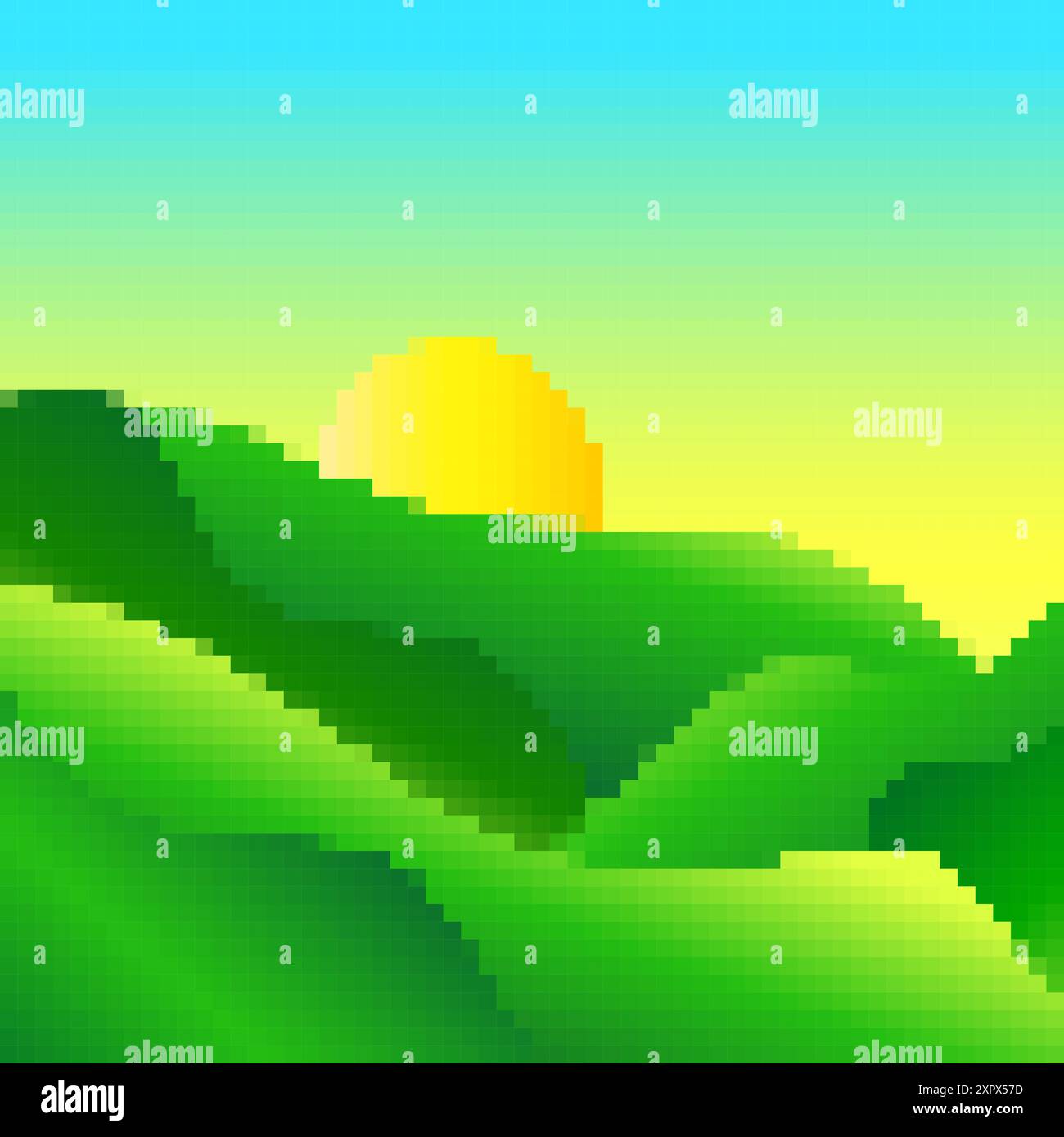Green meadows at dawn in pixel art style. Rising sun on green fields in ...
