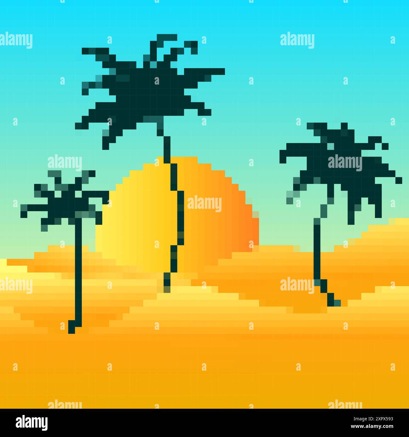 Pixel desert landscape with palm trees and sand dunes. Landscape with ...