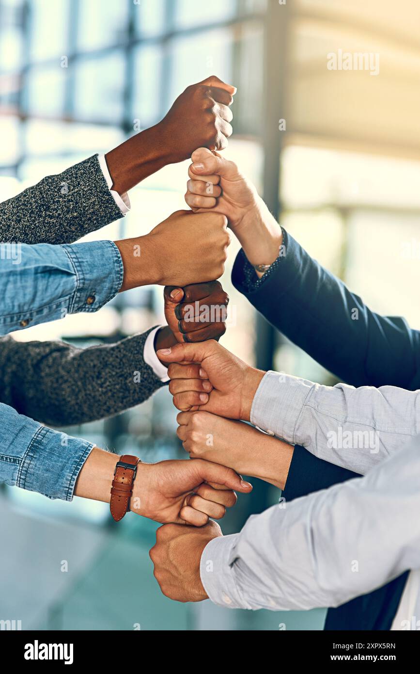 Business people, hands and fist stack with teamwork for employee ...