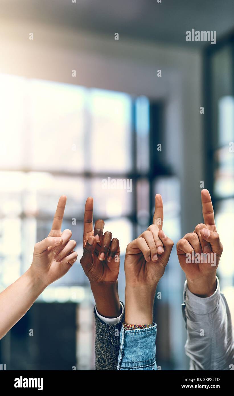 Business people, fingers and sign for vote in office, feedback and ...